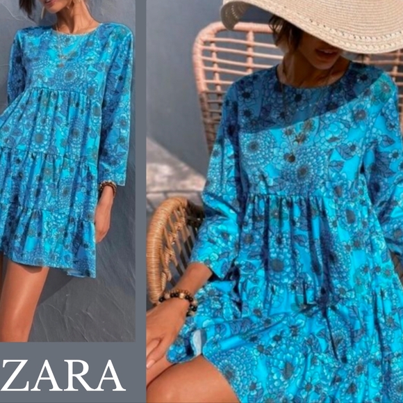 Zara | Dresses | Zara The Sharon Blue Floral Long Sleeve Tiered Swing ...